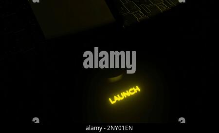 Glowing 3d launch button. Design. Button to start computer system in ...