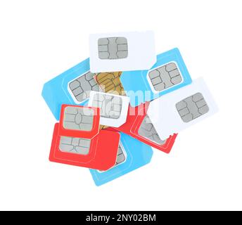 Pile of different SIM cards on white background, top view Stock Photo ...