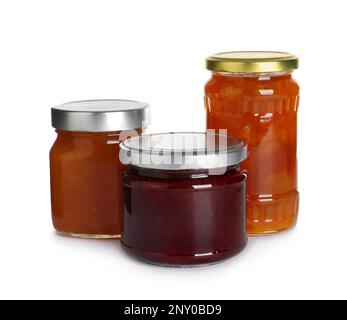 Jars of different jams on white background Stock Photo - Alamy