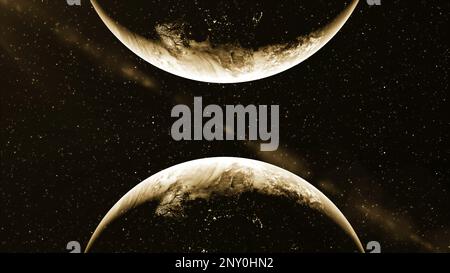 3D animation with approaching planets. Motion. Collision of parallel ...