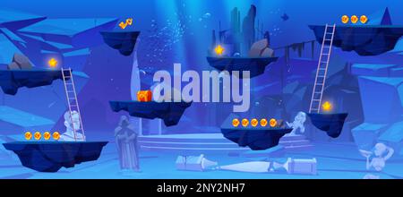2d arcade game underwater landscape level map interface. Shark ...