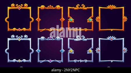 Fantasy game square gold user avatar frame set cartoon vector label ...