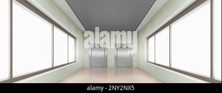 Realistic school corridor interior with windows. Hospital green hallway ...