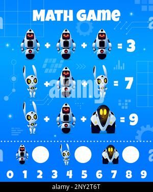 Cartoon robots and droids math game worksheet. Educational vector maze ...