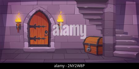 Vector cartoon of castle dungeon with torch with fire, iron shackles on ...