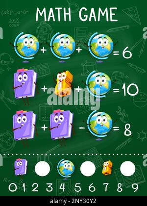 Math game. Cartoon textbook, globe and calculator characters on school ...