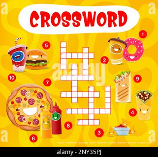 Crossword quiz game with fast food, desserts and drinks. Puzzle grid ...