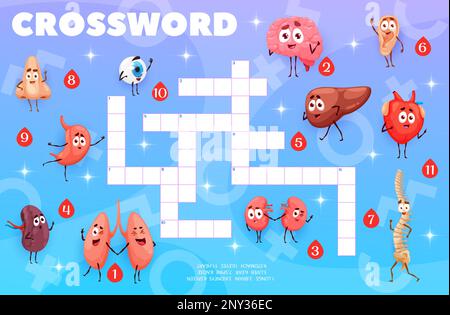 Crossword grid cartoon human organ characters, quiz game. Find a word ...