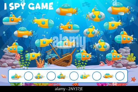 Math game worksheet. Submarine or bathyscaphe, underwater landscape ...