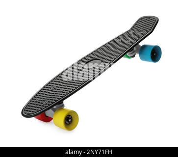 Black skateboard with colorful wheels isolated on white Stock Photo - Alamy