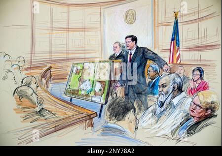 This courtroom sketch, from left, depicts Madison County prosecutor Rob ...
