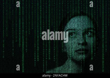 Female face with matrix digital numbers artifical intelligence AI theme ...