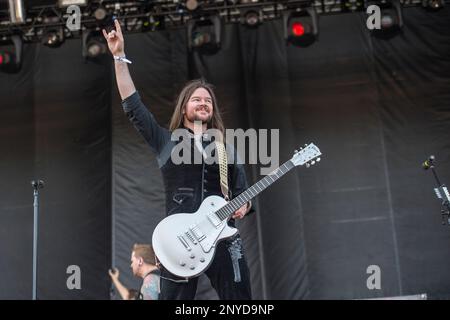 Mark King of Hinder performs during the Rock On The Range festival at ...