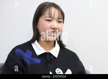 Momiji Nishiya, a Japanese skateboarder, attends an interview in Tokyo ...