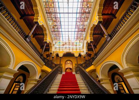 Archbishops Palace, Main Hall sumptuous stairway and stained-glass ...