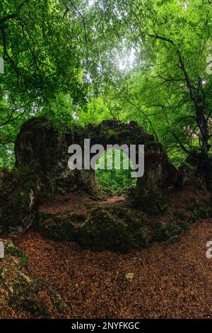 Picturesque scenery of rough stony cave with green trees and bushes ...