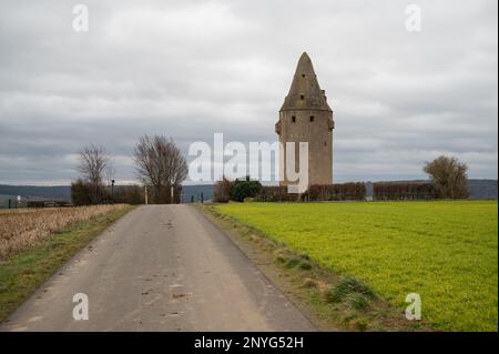Wartturm, Schaafheim, Germany during cloudy day with agricultural path ...