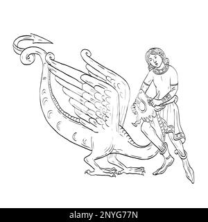 Line art drawing illustration of a medieval shepherd sheepherder or ...