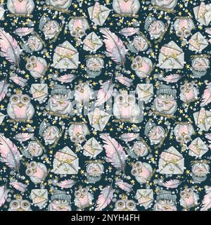 Magic owls, letters, envelopes and feathers. Winter, New Year ...