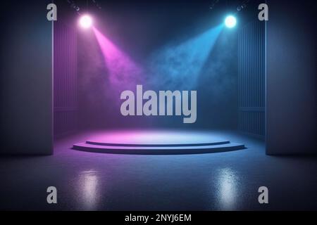 The dark stage shows, empty dark blue, purple, pink background, neon ...
