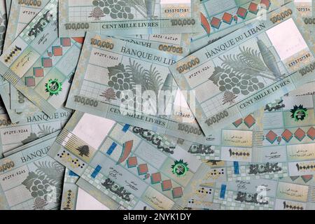 Stacks of Lebanese pounds, 100,000 denomination, symbolizing the ...