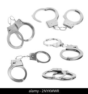 Set with classic chain handcuffs on white background Stock Photo - Alamy