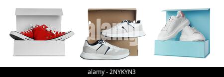 Cardboard boxes with sneakers on color background Stock Photo - Alamy