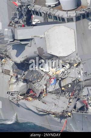The USS Fitzgerald, damaged by the collision with the Philippine cargo ...
