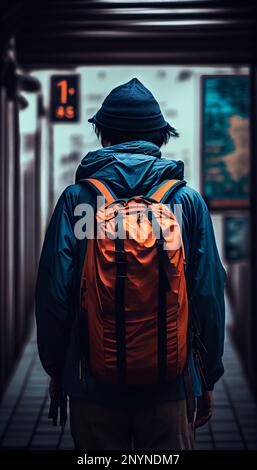Young traveler back view. Back view of backpacker standing at urban ...