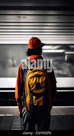 Young traveler back view. Back view of backpacker standing at urban ...