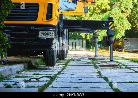 Lifting machine auto crane stands on stops detends on the ground Stock ...