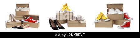 Cardboard boxes with sneakers on color background Stock Photo - Alamy