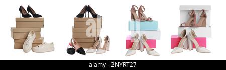 Cardboard boxes with sneakers on color background Stock Photo - Alamy