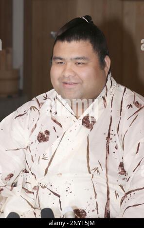 Akira Takayasu, sekiwake sumo wrestler speaks to reporters at Taganoura ...