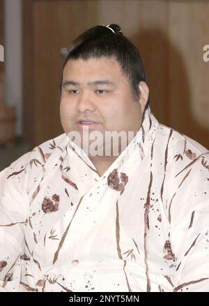 Akira Takayasu, sekiwake sumo wrestler speaks to reporters at Taganoura ...