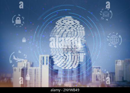 Fingerprint identification. Beautiful view of modern buildings in city ...