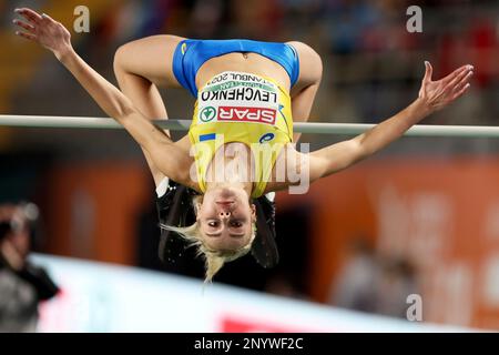 Yuliia Levchenko, of Ukraine, makes an attempt in the Women high jump ...
