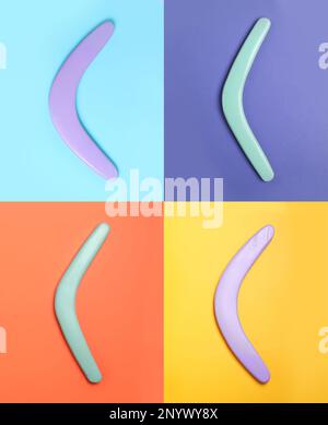 Collage with photos of boomerangs on different color backgrounds, top ...