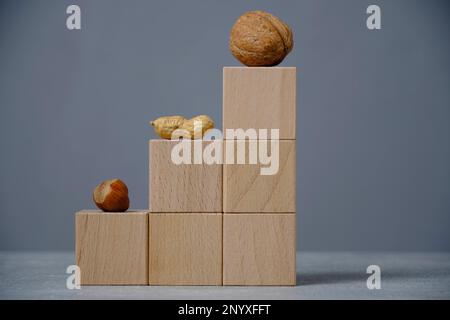 Peanut, hazelnut and walnut are laid out on wooden cubes gray ...
