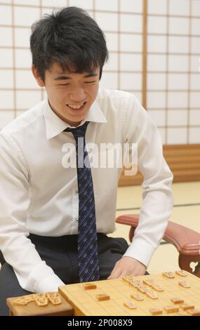 Shogi player Sota Fujii smiles during a press conference in Takayama in ...