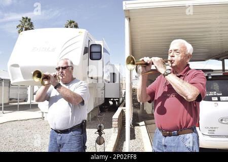 Troy Hanson takes position with his bugle alongside Joe Cramer at ...