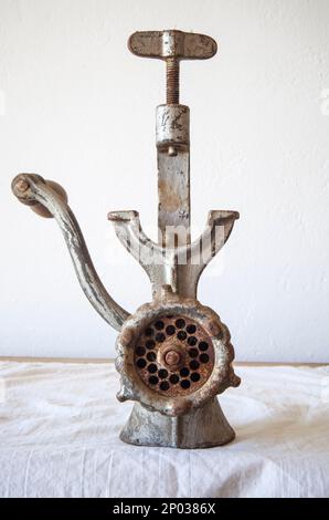 Old manual mincer used during traditional home slaughtering. Country ...