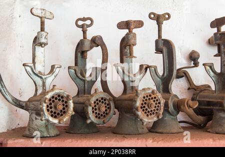 Old manual mincer used during traditional home slaughtering. Country ...