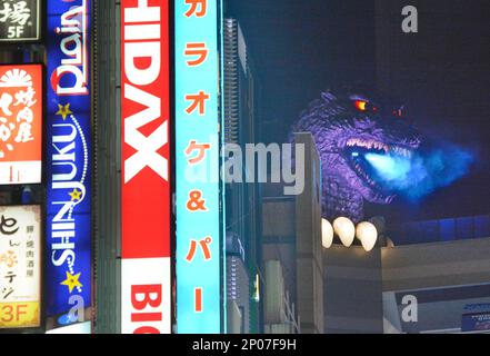 The Godzilla Head overlooks the Kabukicho district from above on the ...