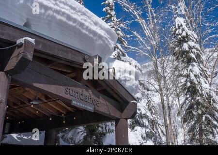 View of entrance building at Sundance Resort in winter, also known as ...