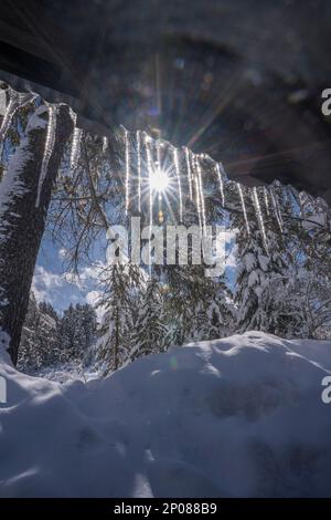 Icicles on the buildings at Sundance Resort in winter, also known as ...