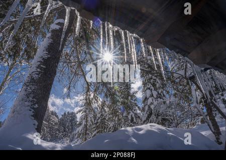 Icicles on the buildings at Sundance Resort in winter, also known as ...