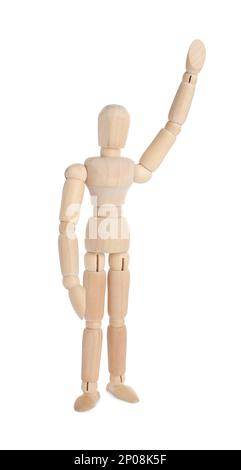 Wooden human model on white background. Mini mannequin Stock Photo - Alamy