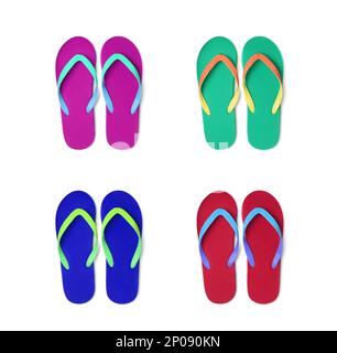 Set with different colorful flip flops on white background, top view ...