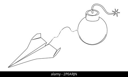 One continuous line of bomb and paper airplane. Thin Line Illustration ...